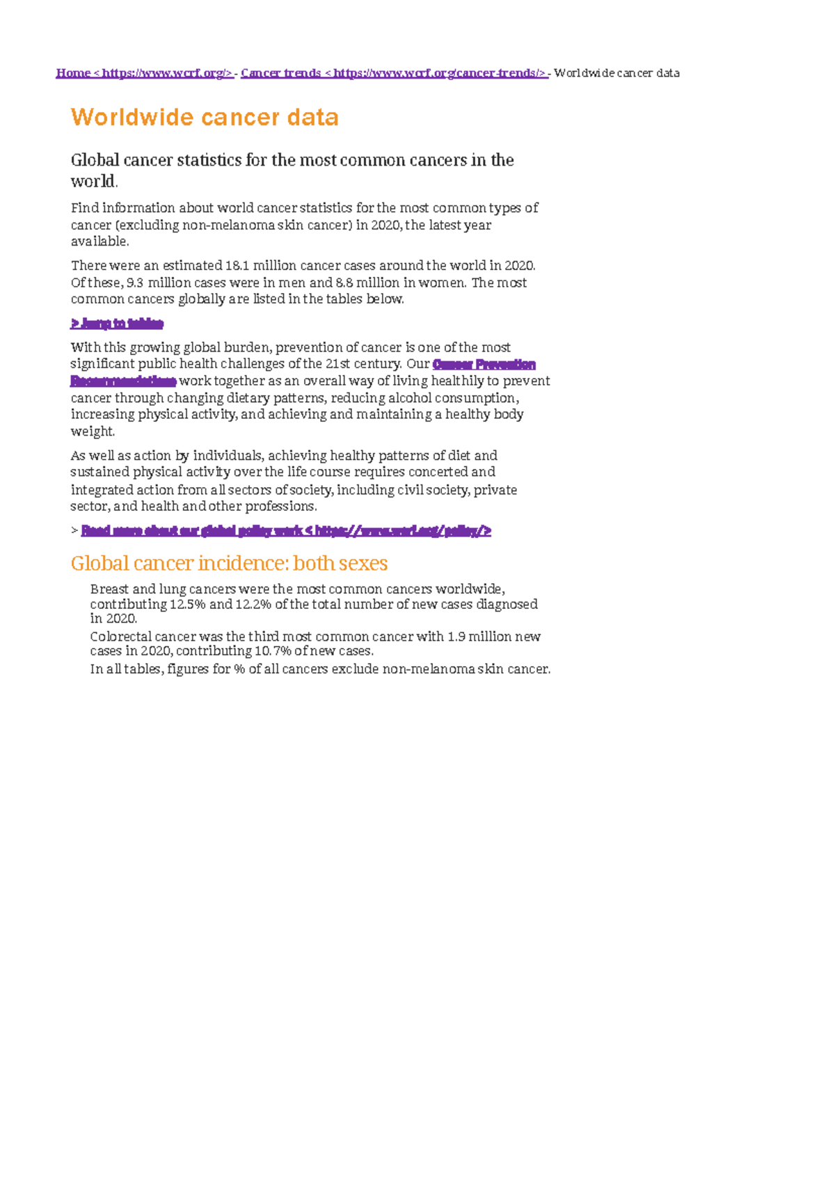 Worldwide cancer data World Cancer Research Fund International - Home ...