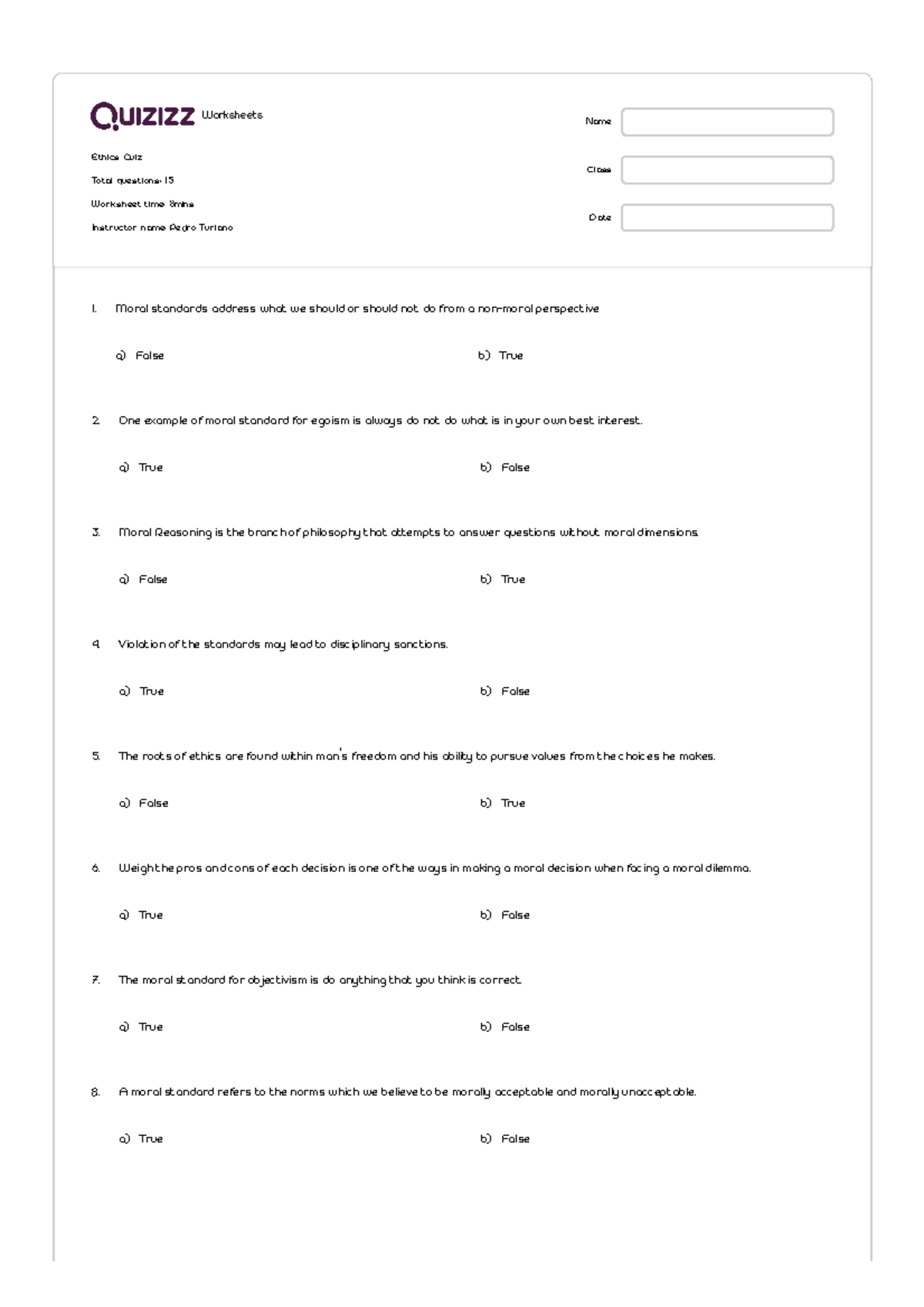 quizzzzzzeeeeesssss - Worksheets Ethics Quiz Total questions: 15 ...