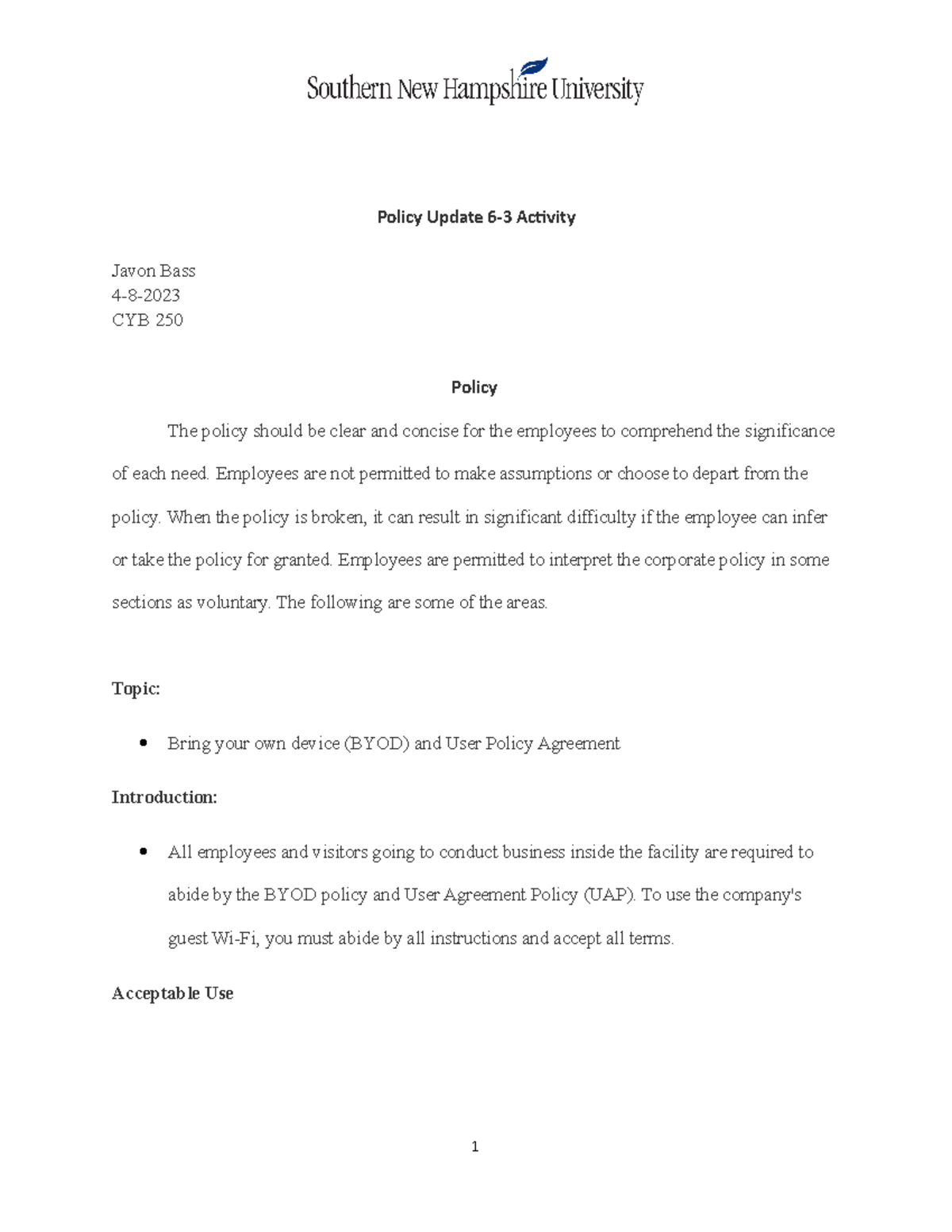 CYB 250 Module 6-3 Policy Update Activity - Policy Update 6-3 Activity ...