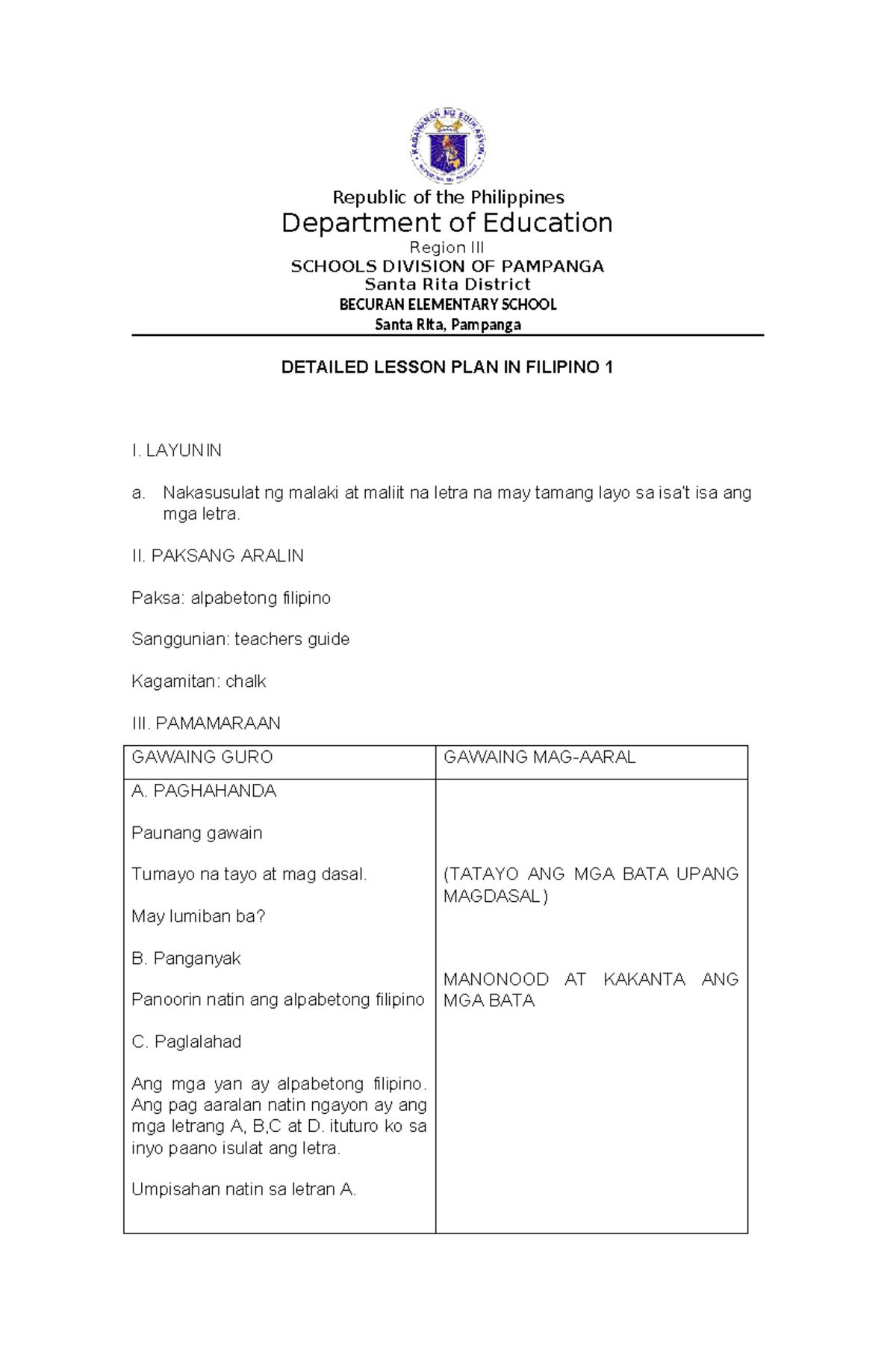 Filipino dlp - LESSON - Republic of the Philippines Department of ...