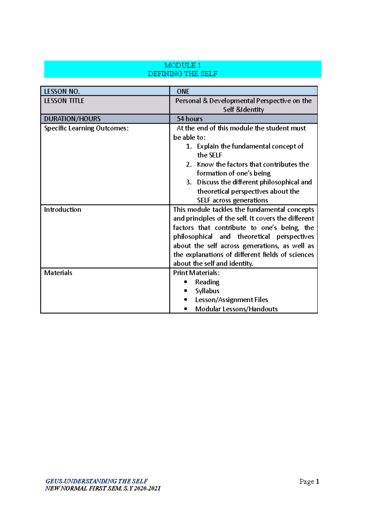 Module-1 - Bakavsisbhsbx - MODULE 1 DEFINING THE SELF LESSON NO. ONE ...