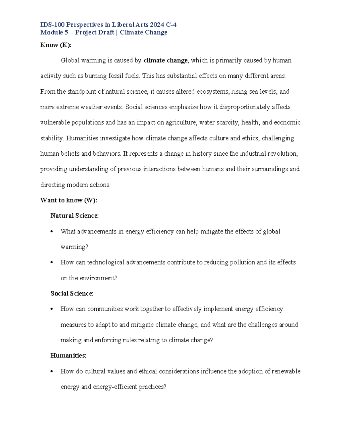 Module 5 - Project KWL Draft - IDS-100 Perspectives in Liberal Arts ...