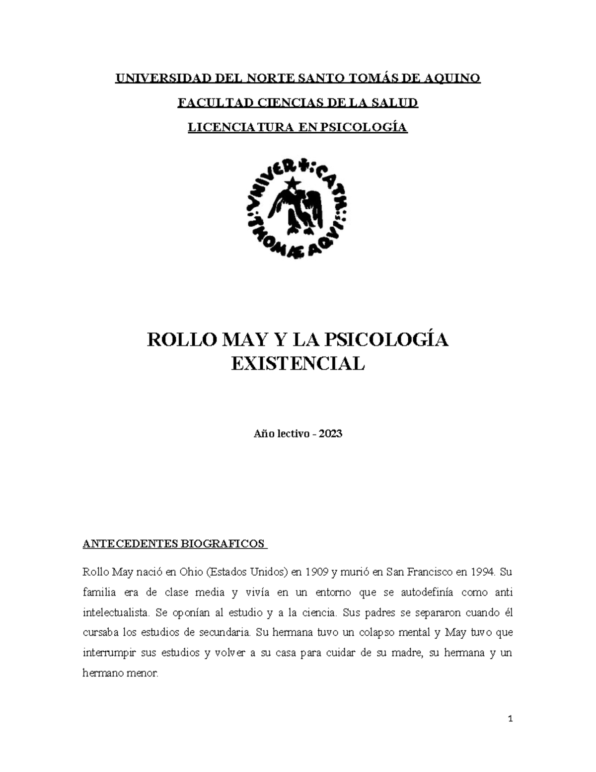 Psicologia Existencial DE Rollo MAY - UNIVERSIDAD DEL NORTE SANTO TOMÁS ...