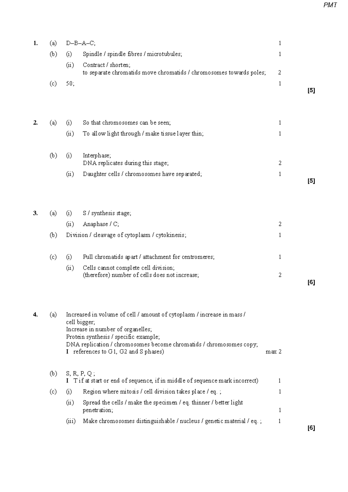 3.1 Mitosis MS - helping student - (a) D–B–A–C; 1 (b) (i) Spindle ...