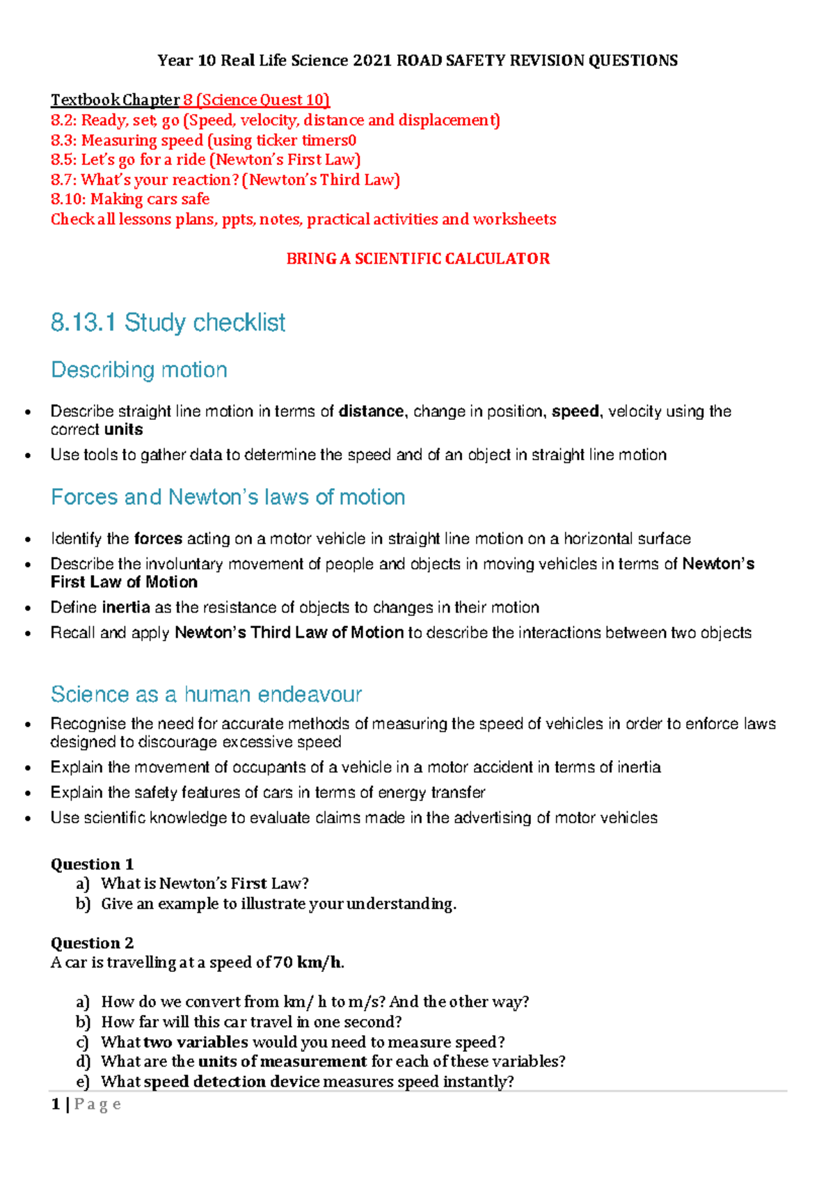 2021 Yr 10 RLSc ROAD Safety Revision Questions - 1 | P a g e Year 10 ...