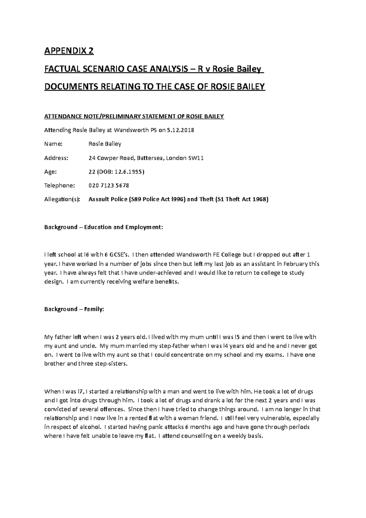 Rosie Bailey Case Papers Part 2 - APPENDIX 2 FACTUAL SCENARIO CASE ...