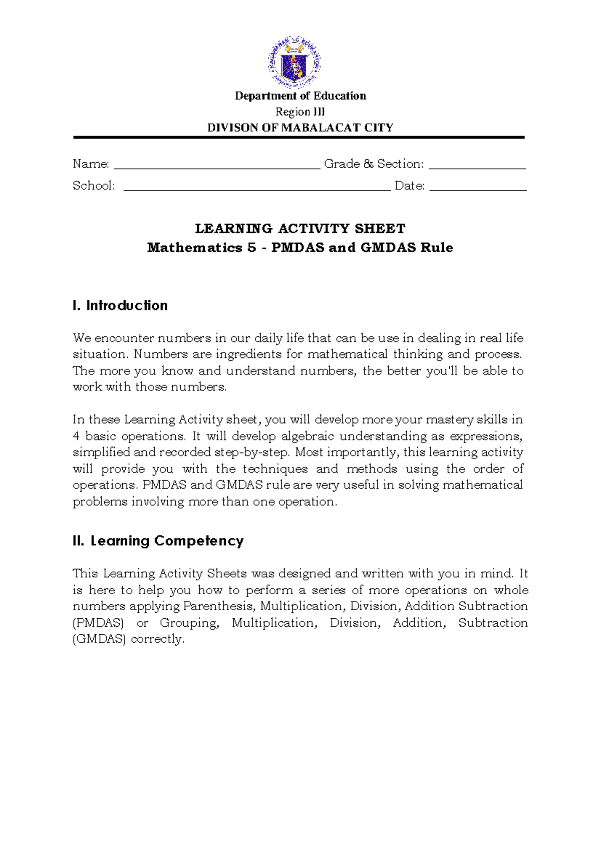 Detailed lesson plan in math grade 5 about PMDAS and GMDAs - Department ...