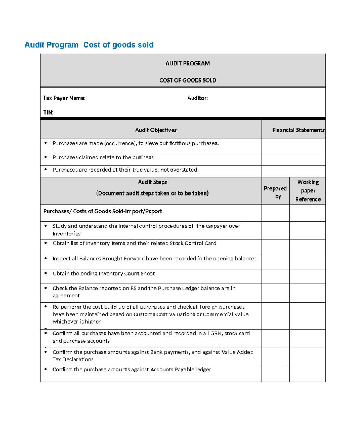14 Audit Program Cost of goods sold - Audit Program Cost of goods sold ...