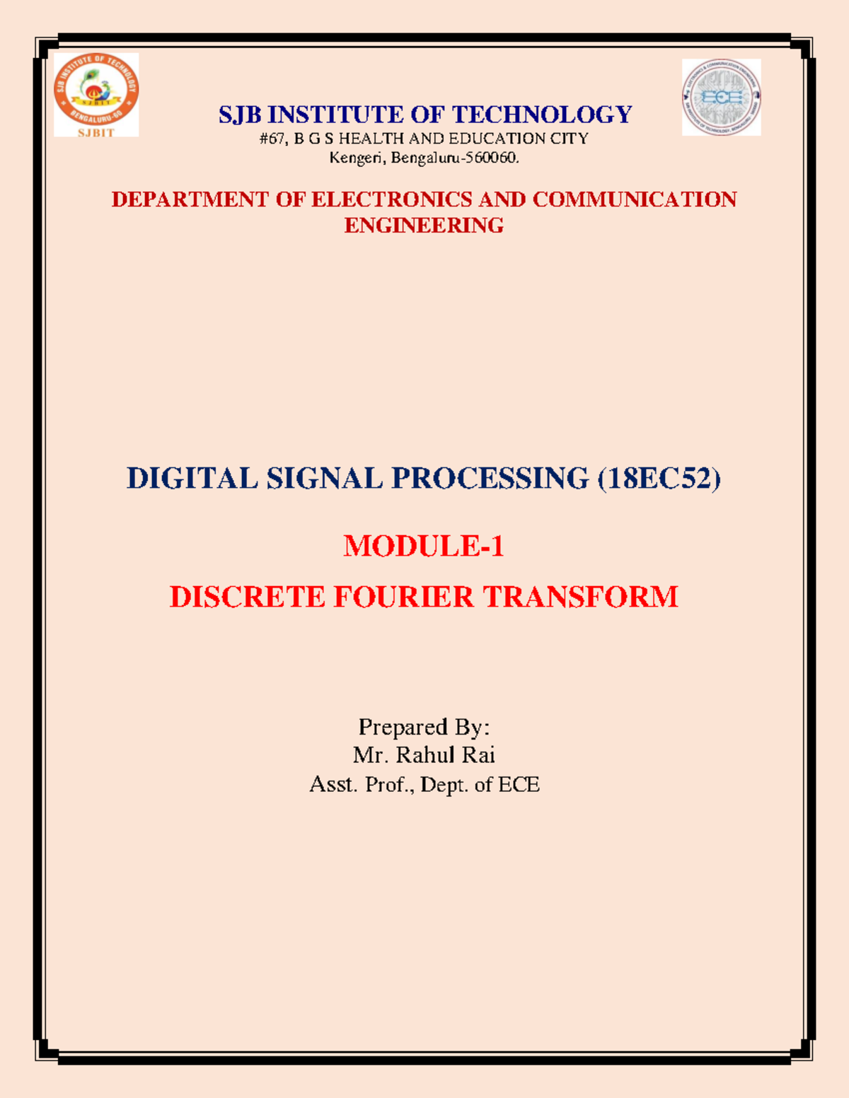 Module-1 Discrete Fourier Tranform - Digital Signal Processing - SJB ...