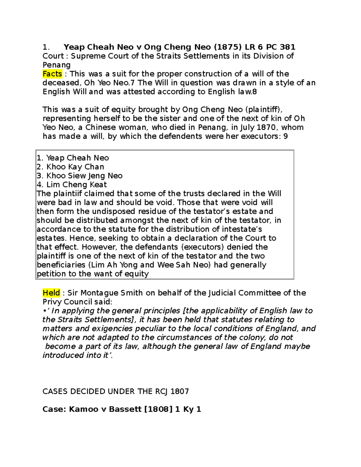 Yeap Cheah Neo v Ong Cheng Neo - 1. Yeap Cheah Neo v Ong Cheng Neo (1875) LR 6 PC 381 Court ...
