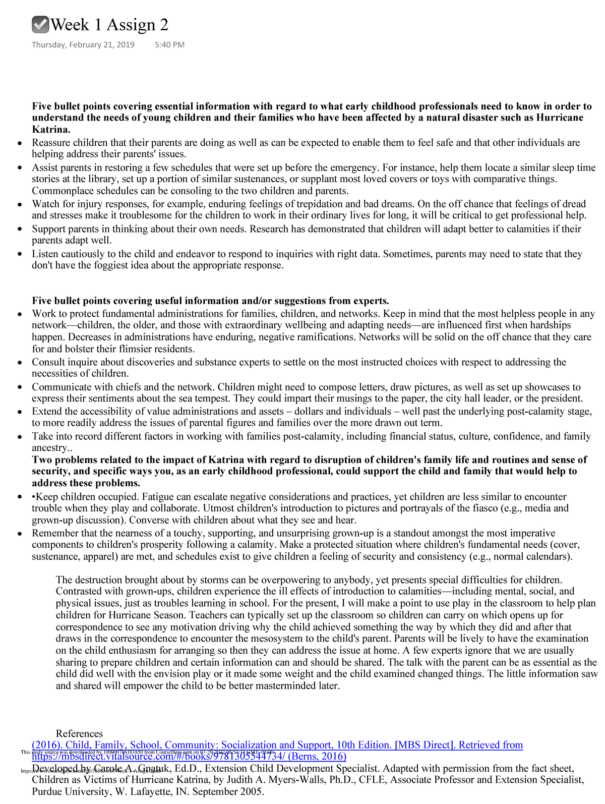 Week 1 Assign 2 - Five bullet points covering essential information with regard to what early ...