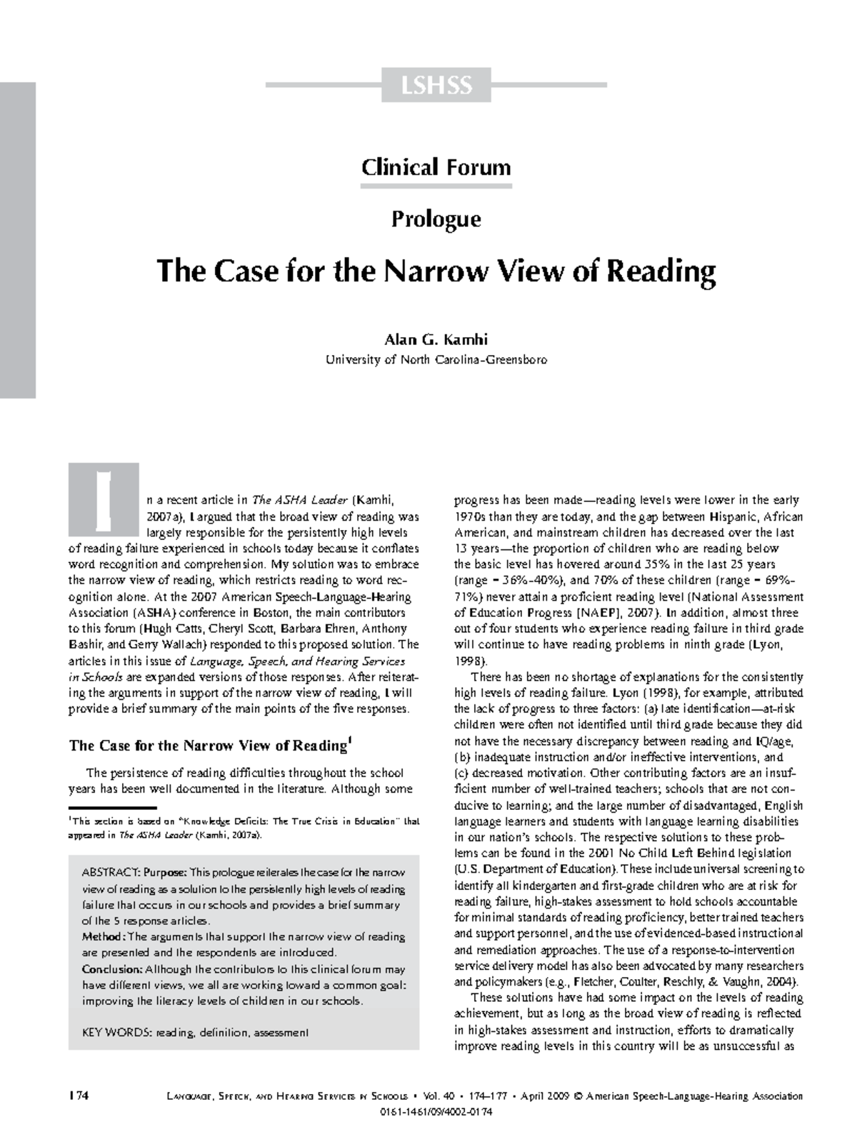 Narrow+View+of+Reading-+Article+1 - LSHSS Clinical Forum Prologue The ...