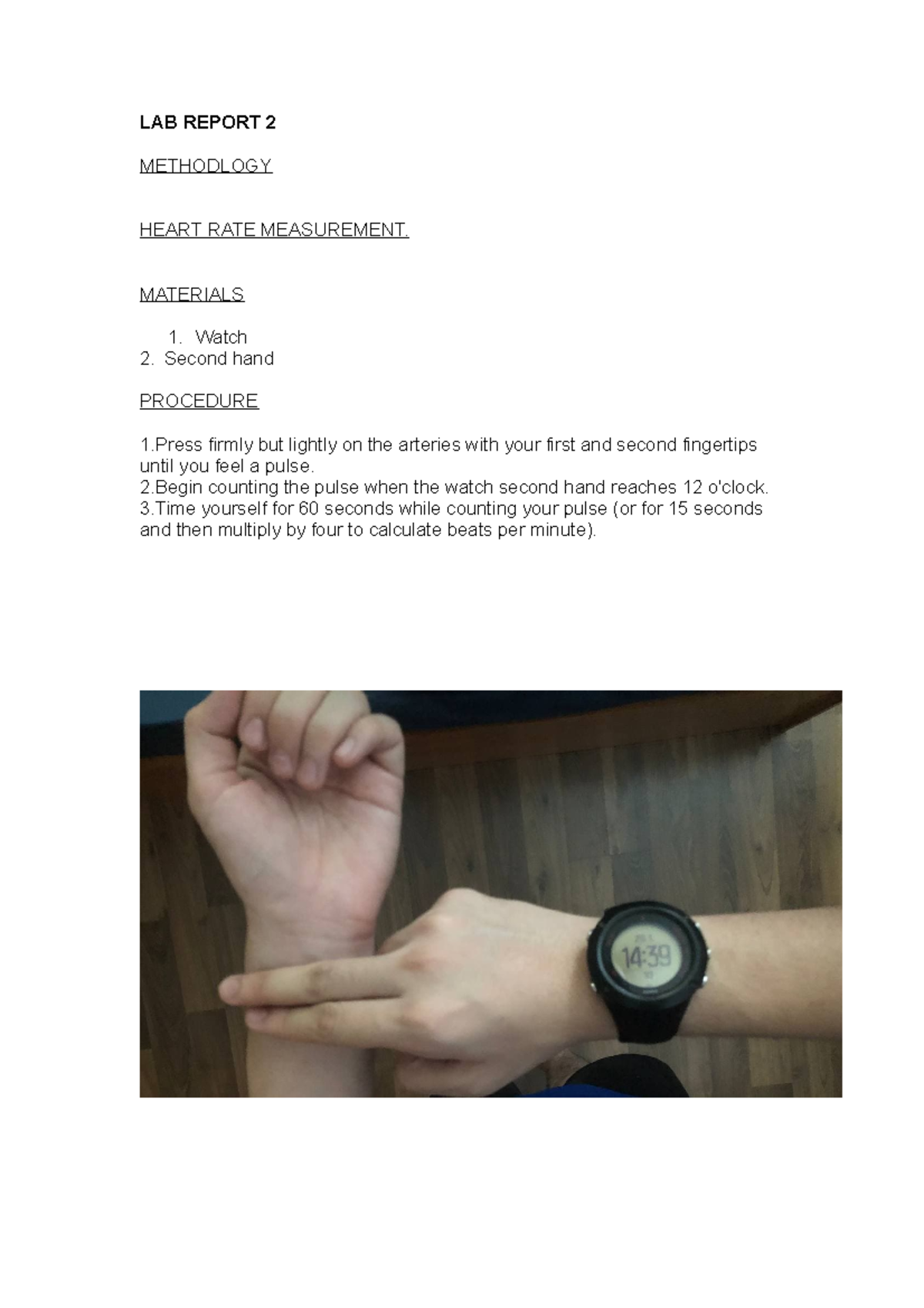 SPS 180 LAB Report 2 - LAB REPORT 2 METHODLOGY HEART RATE MEASUREMENT ...