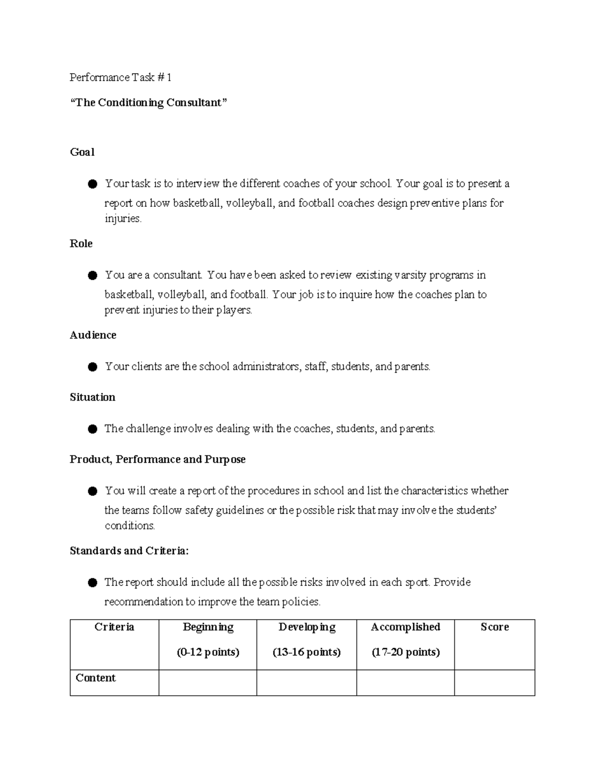 PE Performance Task - Performance Task # 1 “The Conditioning Consultant ...
