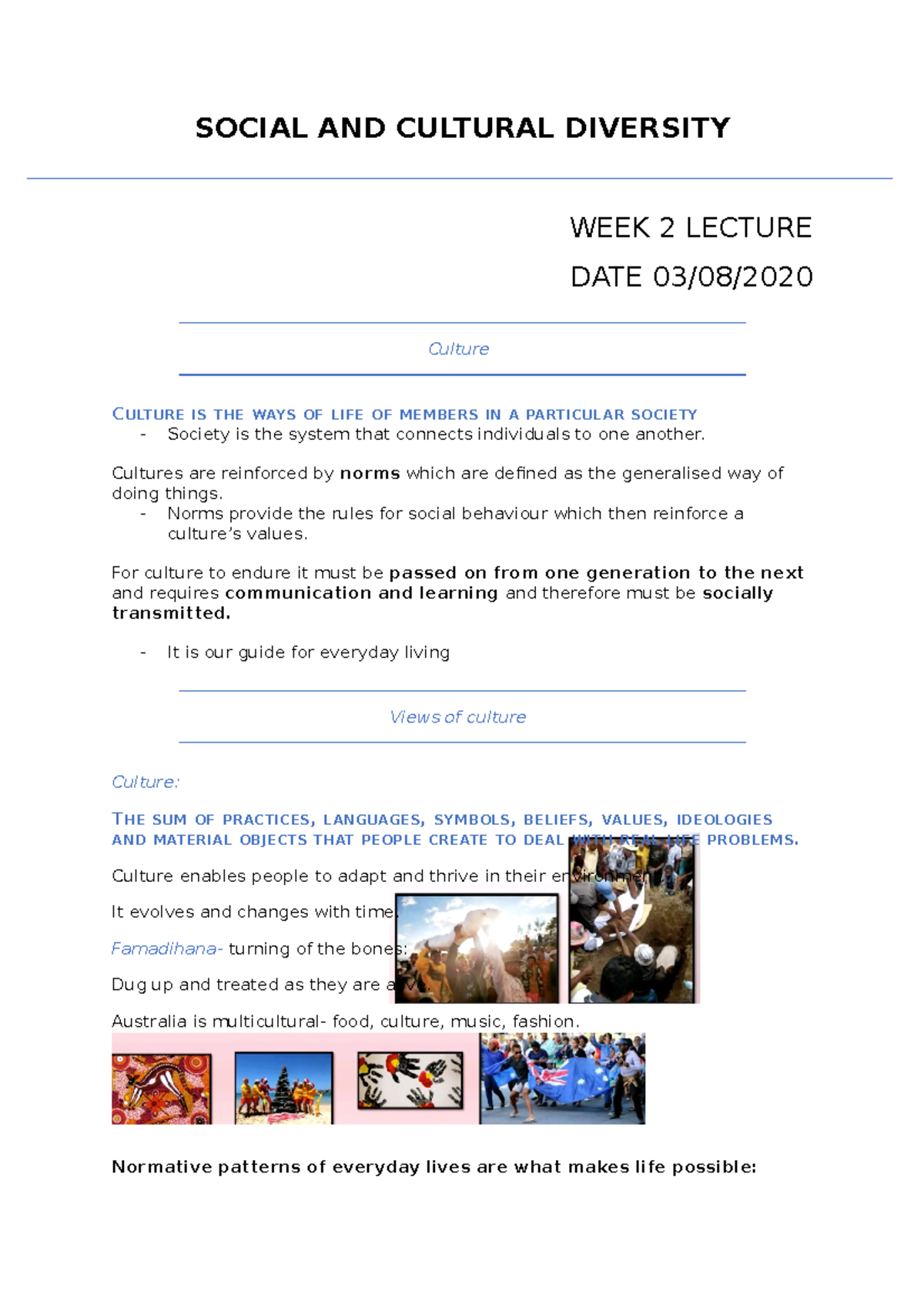 S&C Diversity WK 2 - social & cultural lecture notes - SOCIAL AND ...