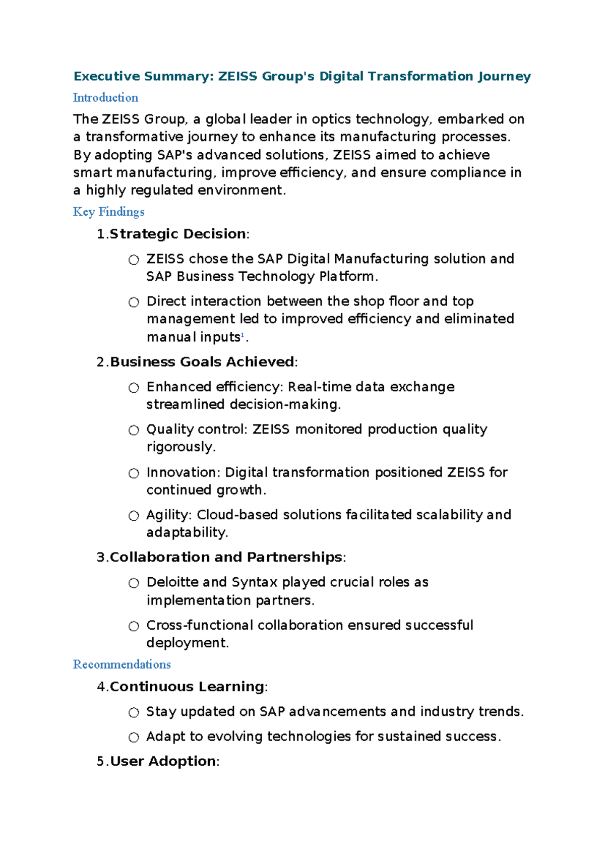 Executive Summary Zeiss Group's Digital Transformation Journey ...