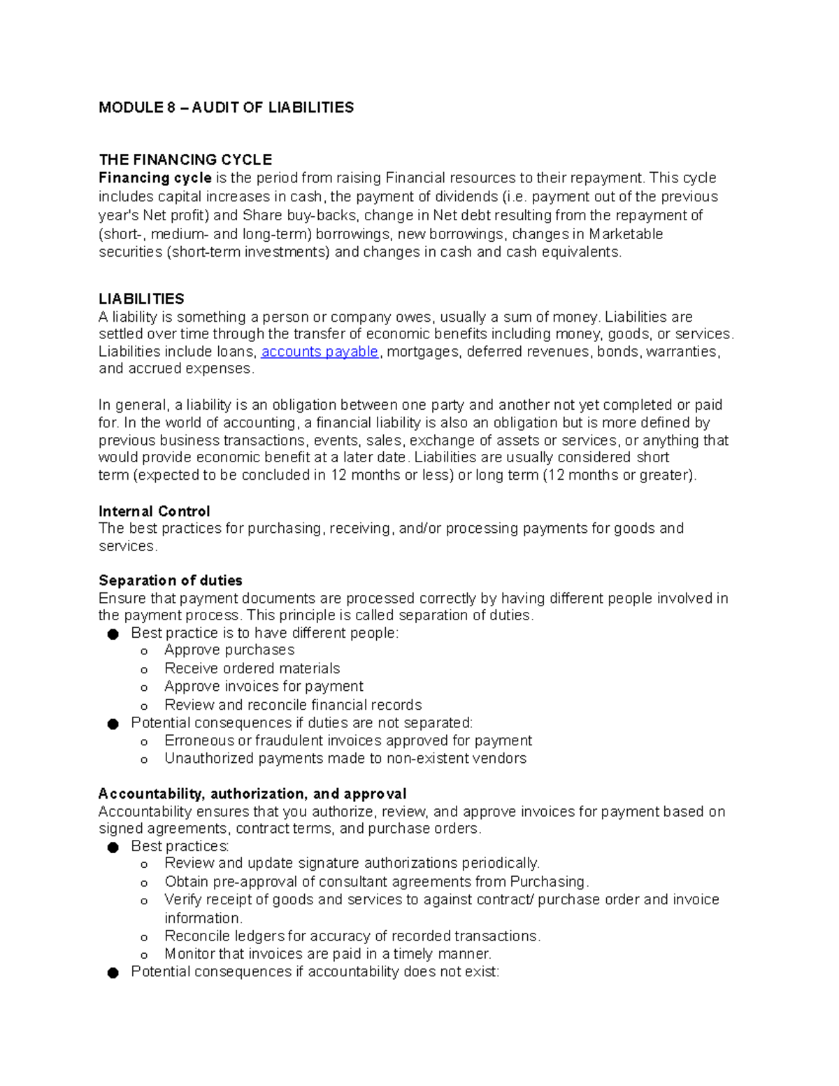 Module 8 - Audit OF Liability - MODULE 8 – AUDIT OF LIABILITIES THE ...