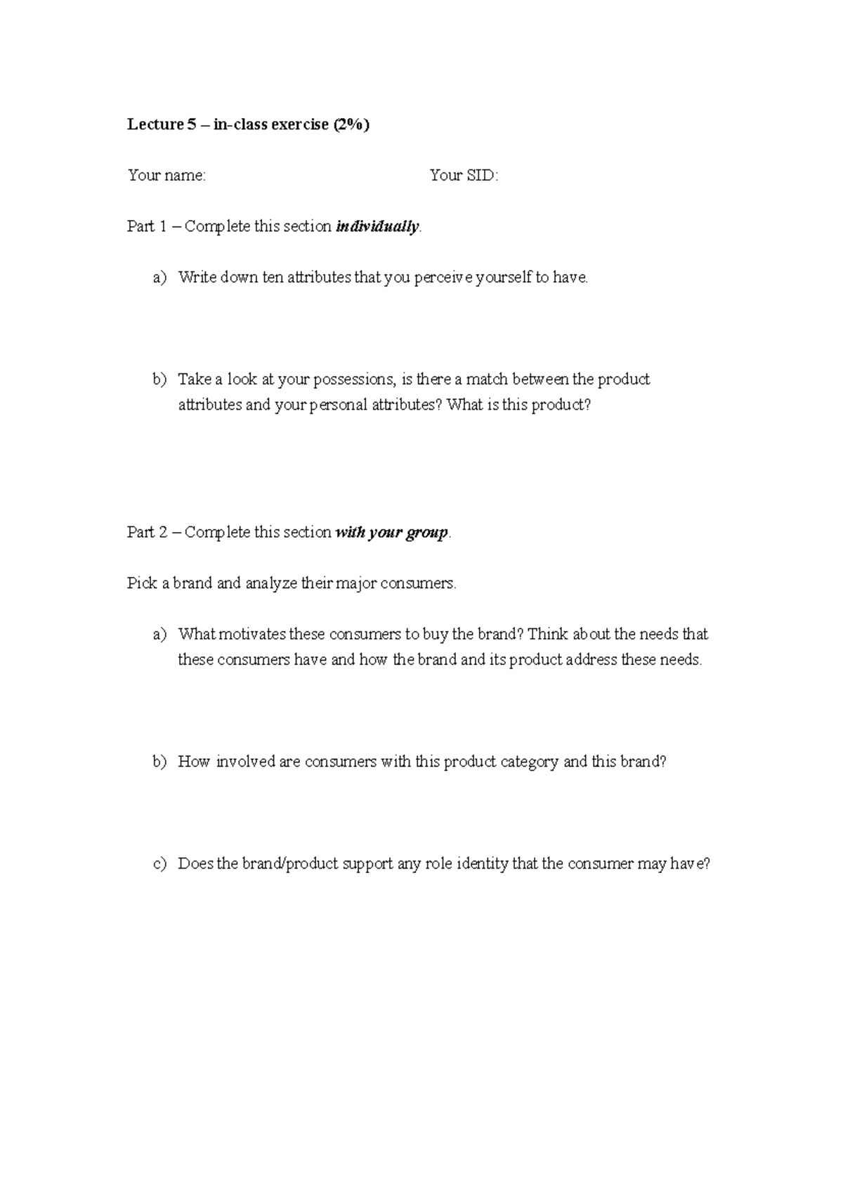 L5 Exercise - Lecture 5 – in-class exercise (2%) Your name: Your SID: Part 1 – Complete this ...