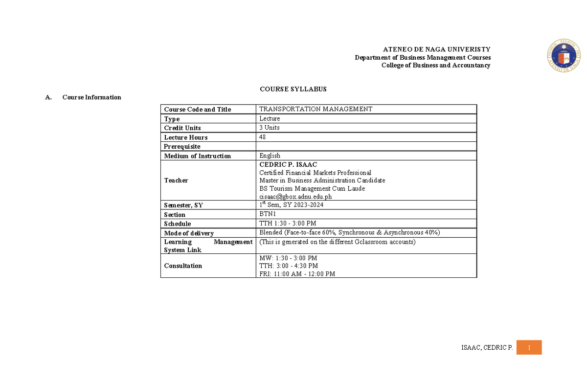 TMPC109 Syllabus AY23:24 - ATENEO DE NAGA UNIVERISTY Department of ...