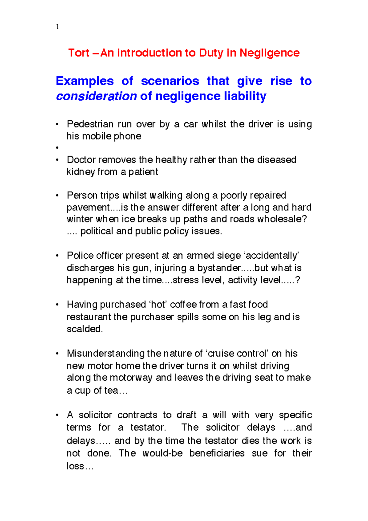 Tort An introduction to Duty in Negligence - Tort – An introduction to ...