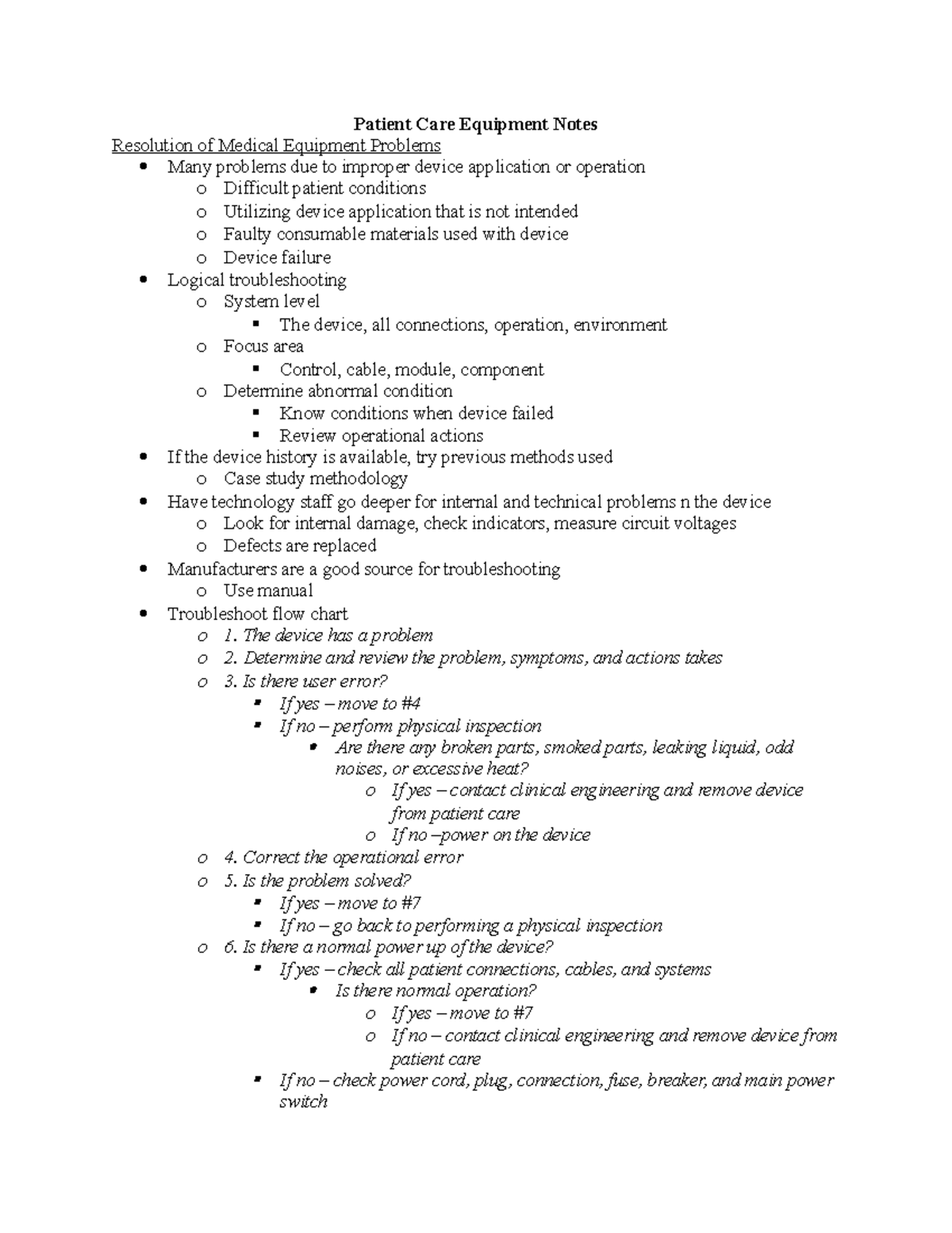 PCE 5 - Resolution of medical equipment problems notes - Patient Care ...