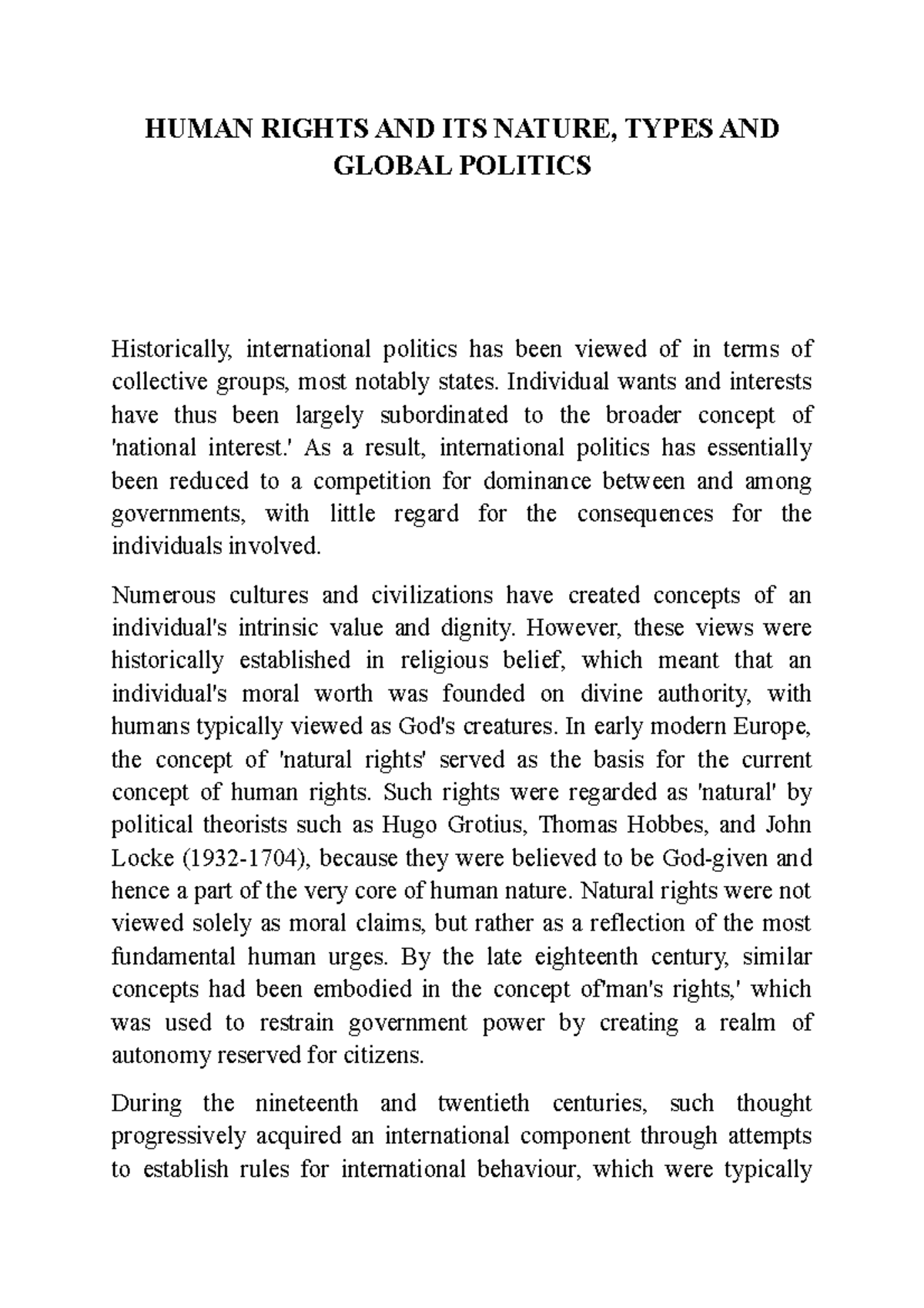 Human Rights AND ITS Nature, Types AND Global Politics - HUMAN RIGHTS ...