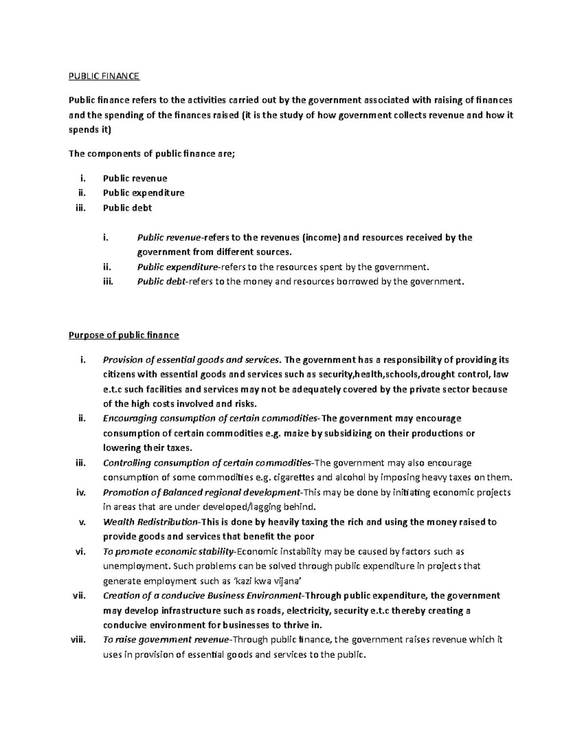 Public Finance - NOTES - PUBLIC FINANCE Public finance refers to the ...