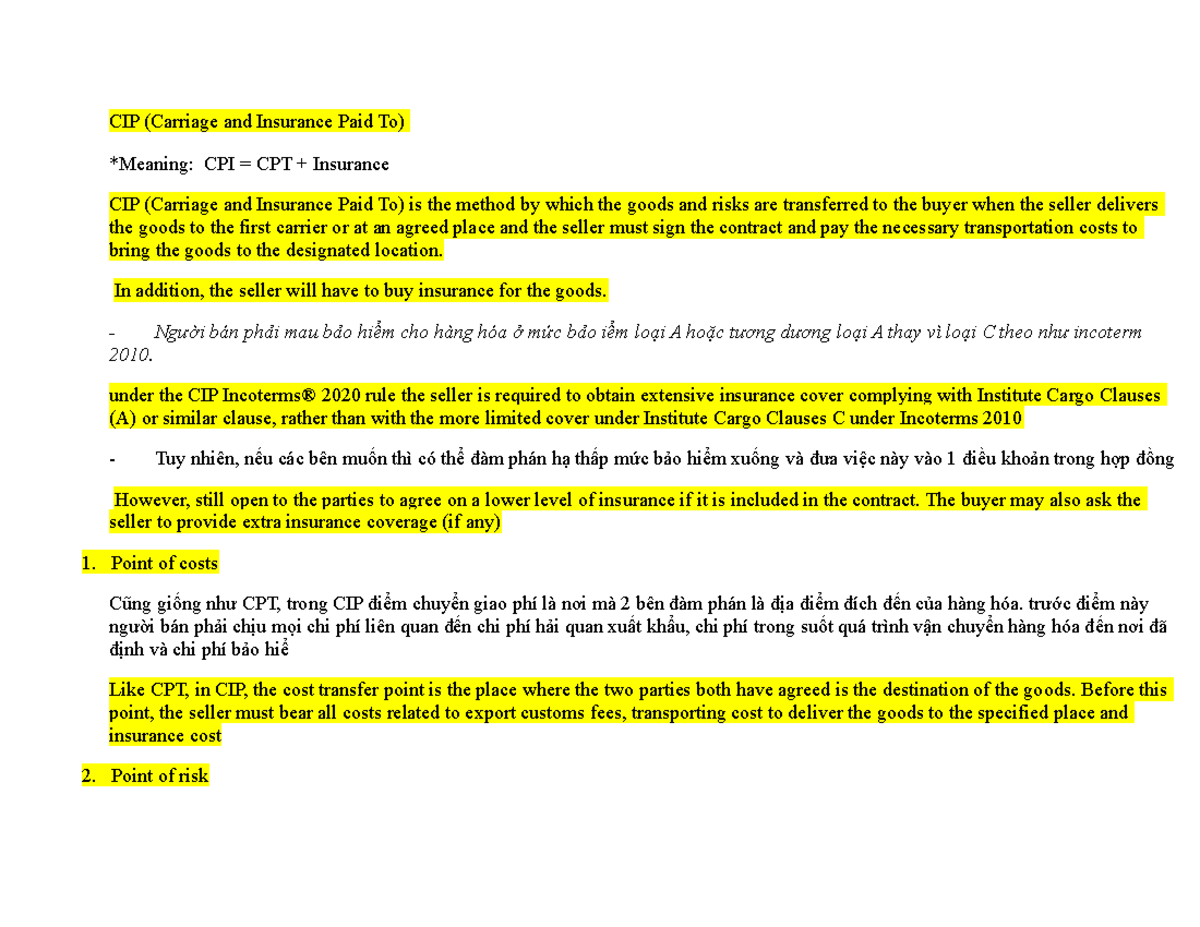 Cip - tóm gọn - CIP (Carriage and Insurance Paid To) *Meaning: CPI ...