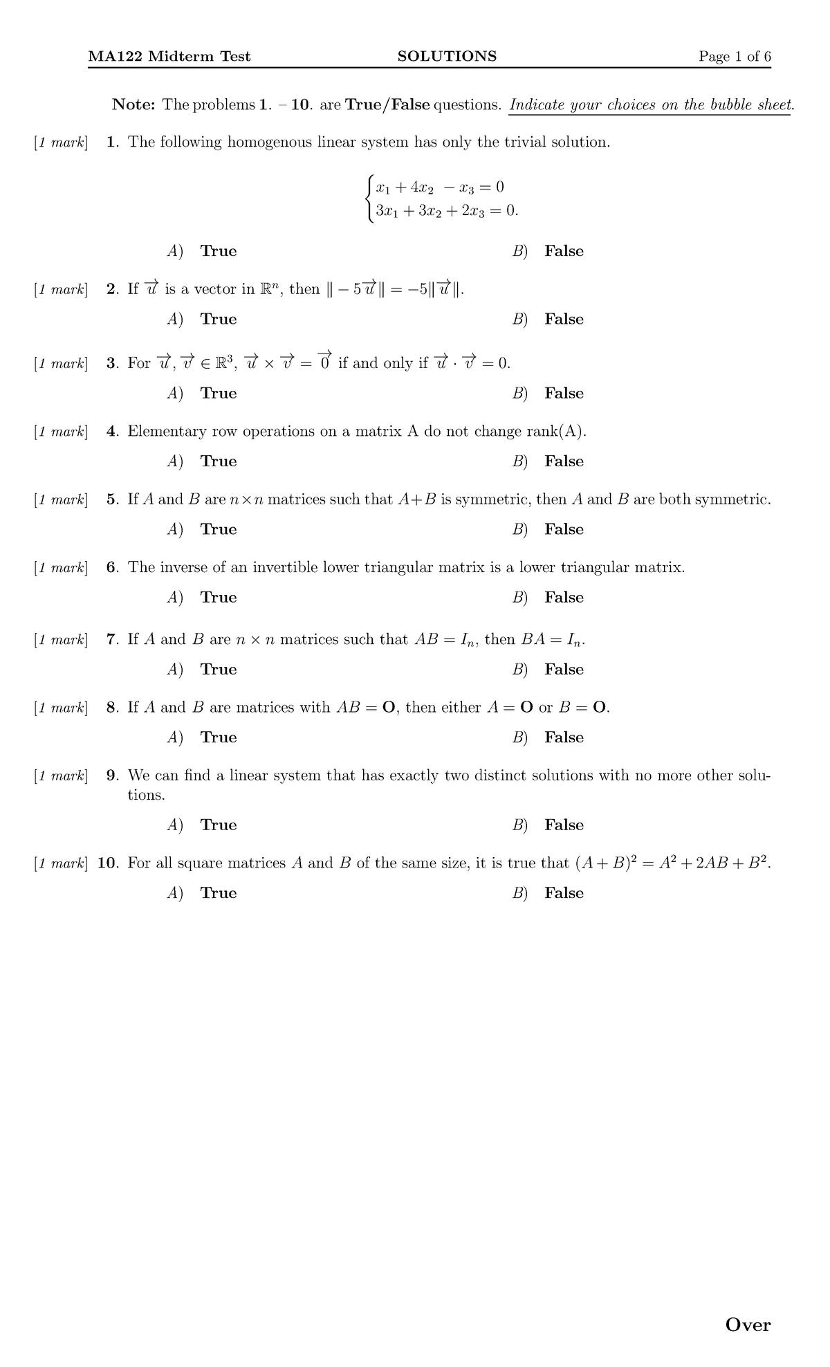 Solution Midterm MA122 S24 - Note: The problems 1. – 10. are True/False questions. Indicate your ...