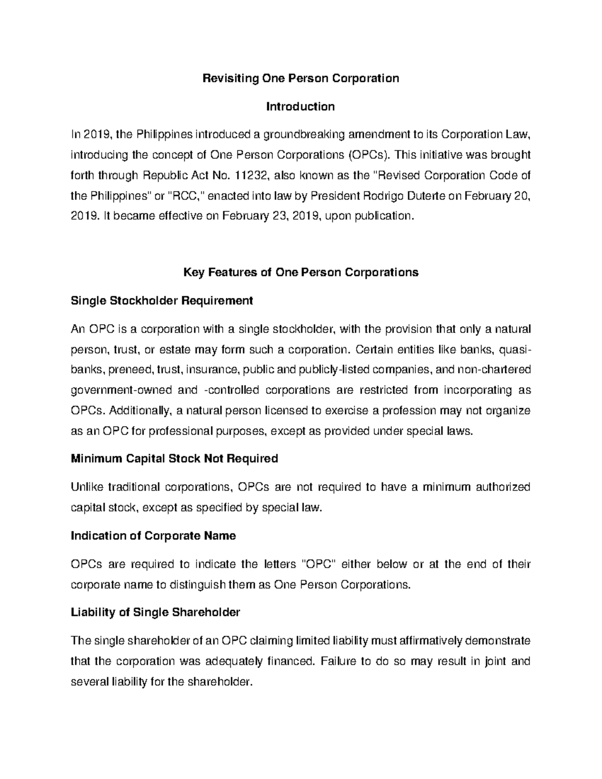 Revisiting one person corporation - Revisiting One Person Corporation ...