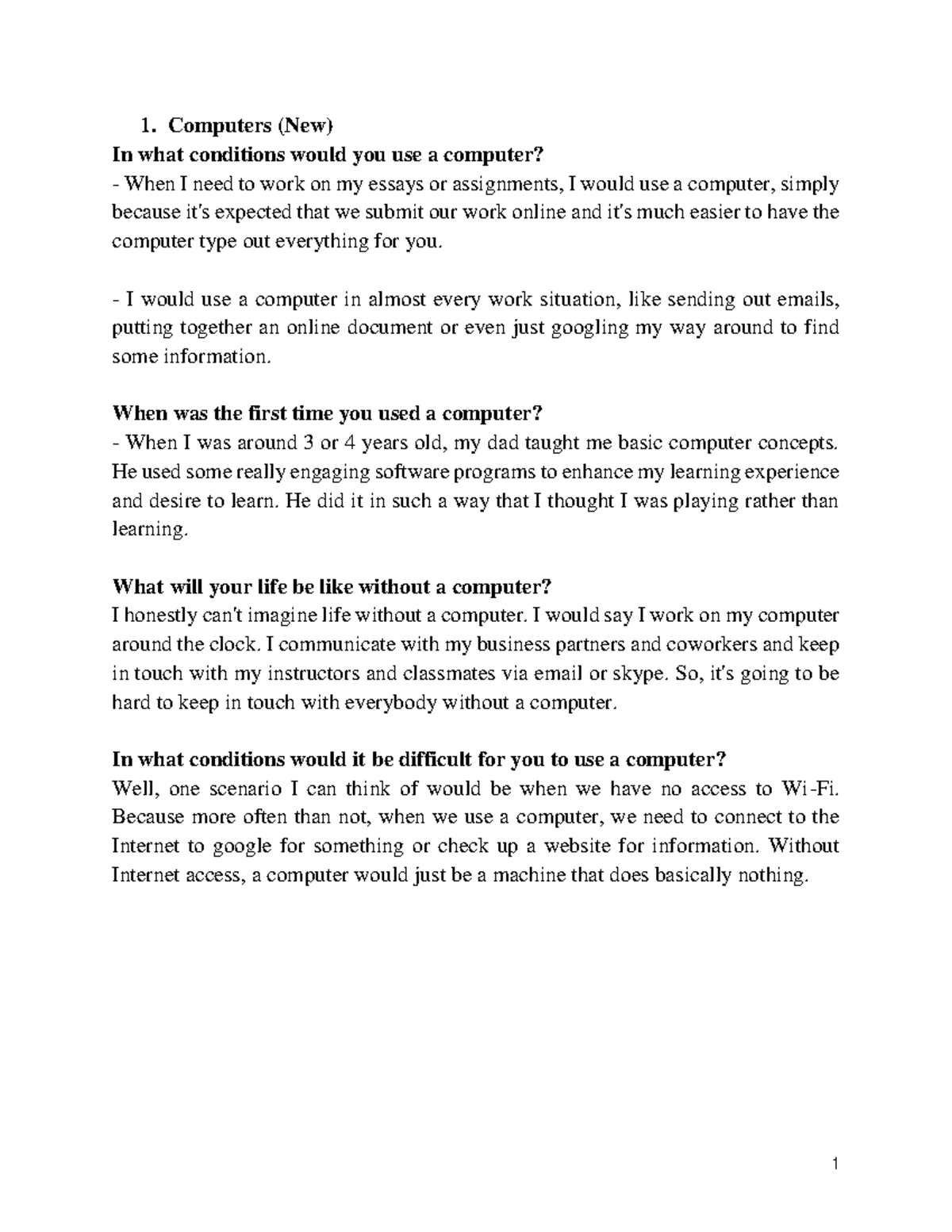 Speaking Part 1 - Q2 2022 (2 columns) - 1. Computers (New) In what ...
