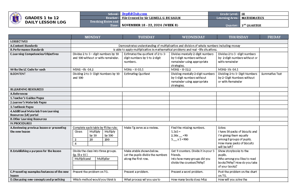 DLL Mathematics 3 Q2 W8 - GRADES 1 to 12 DAILY LESSON LOG School ...