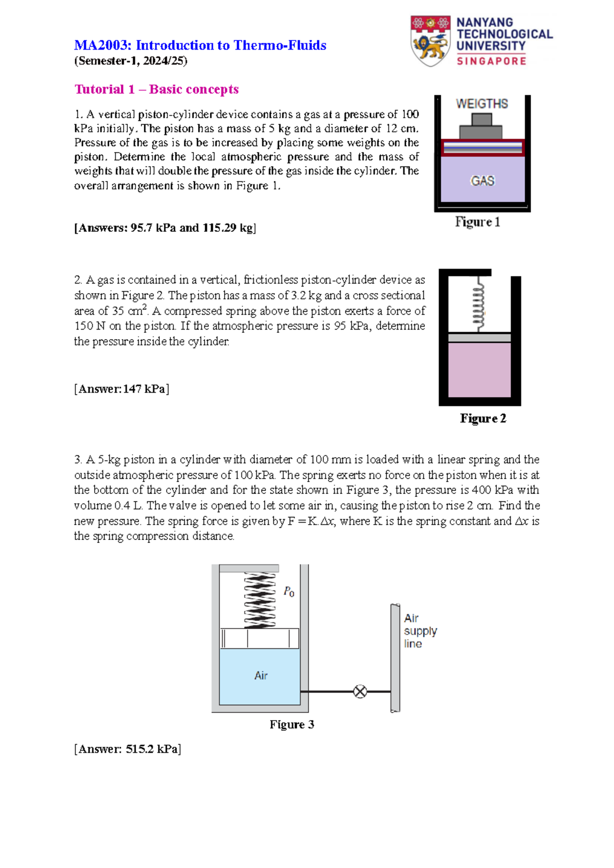 Thermofluid Tutorial Questions - (Semester-1, 202 4 /2 5 ) Tutorial 1 – Basic concepts A ...