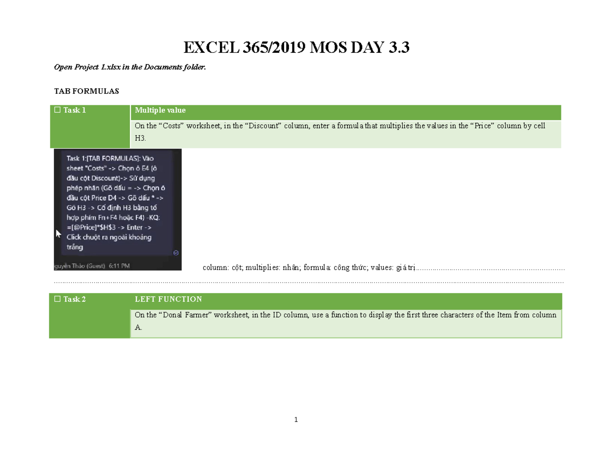 Excel day3 - mos - EXCEL 365/2019 MOS DAY 3. Open Project 1 in the ...