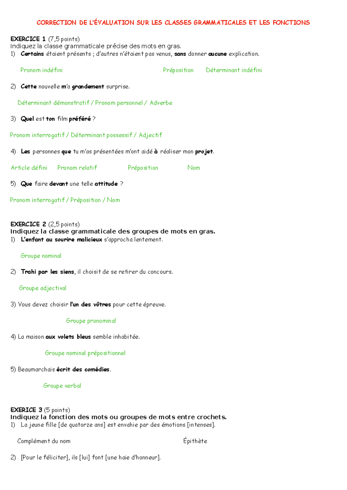 Correction évaluation classe grammaticale fonctions - CORRECTION DE L’ÉVALUATION SUR LES CLASSES ...