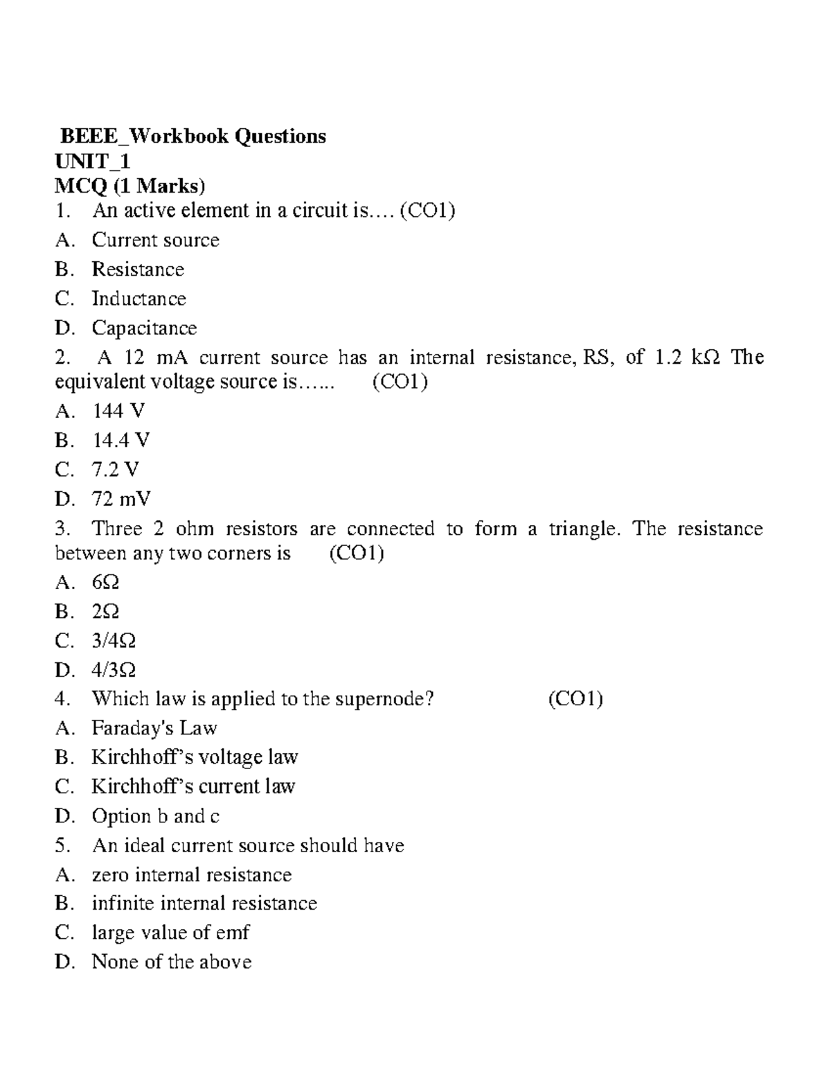 BEEE workbook question unit - 1 1092024 - BEEE_Workbook Questions UNIT ...