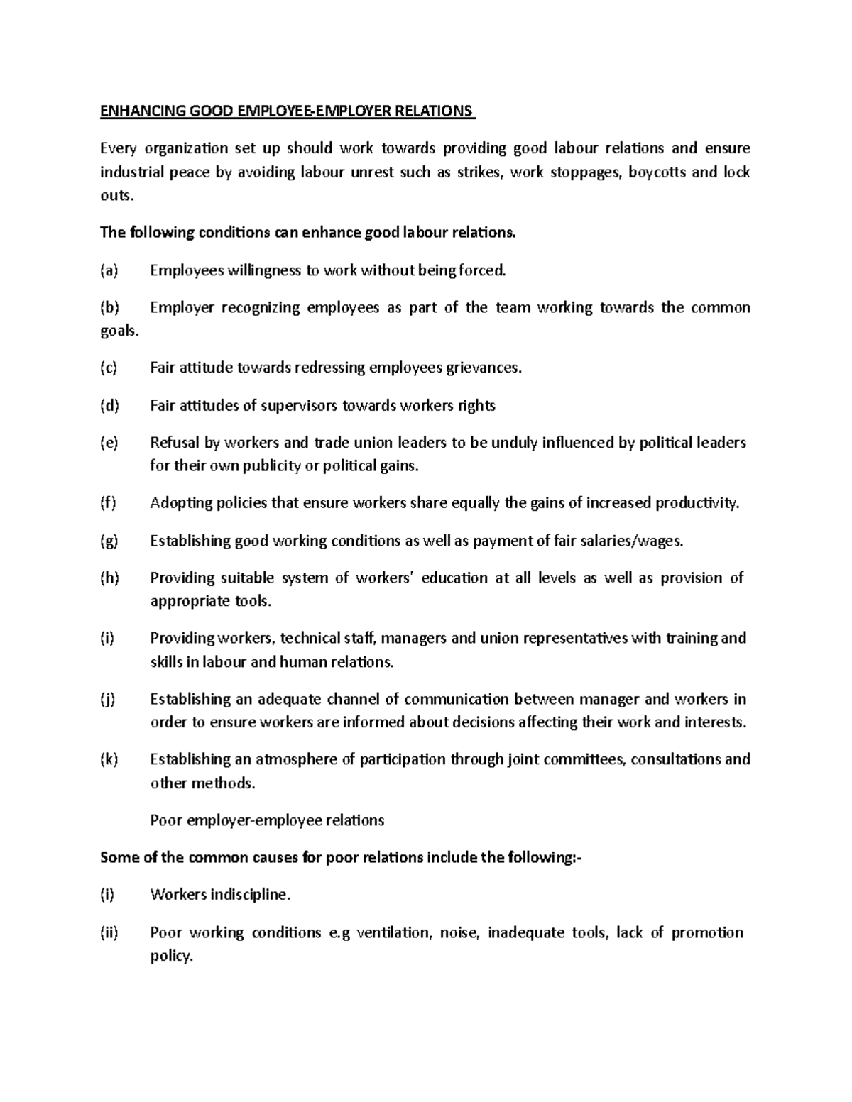 Employee Relations - Summary - ENHANCING GOOD EMPLOYEE-EMPLOYER ...