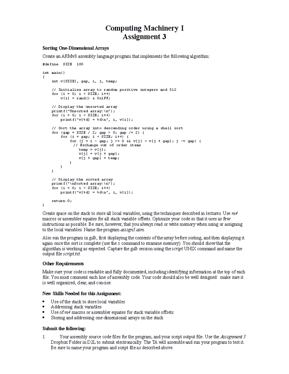 Assignment 3 - Computing Machinery I Assignment 3 Sorting One-Dimensional Arrays Create an ARMv8 ...