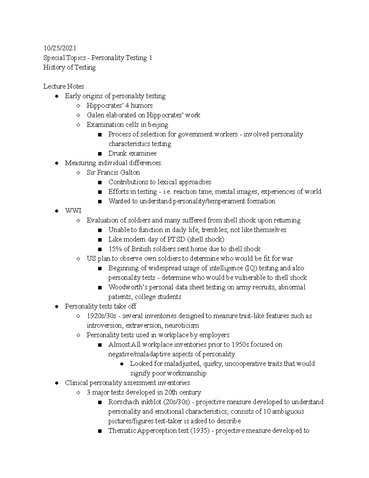 Week 9 Notes - History of Personality Testing Part 1 - 10/25/ Special ...