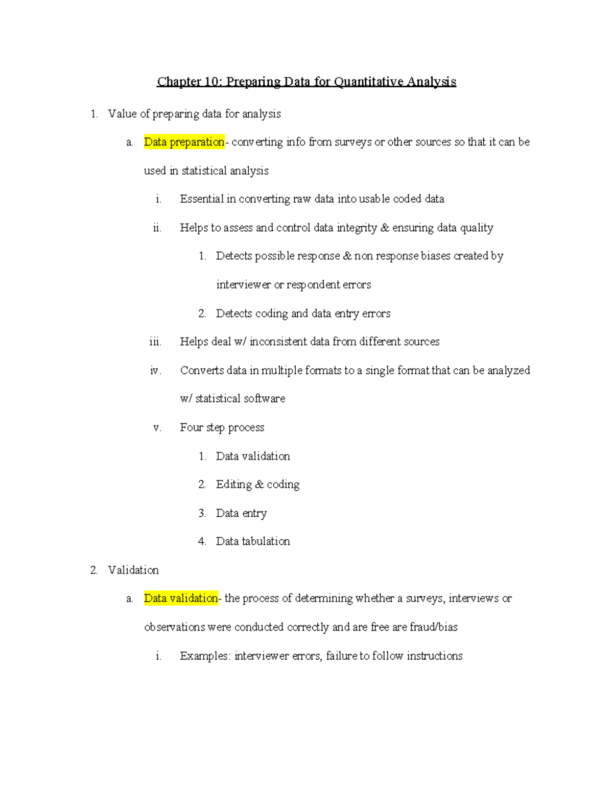 MKT 400 Chapter 10 Notes - Chapter 10: Preparing Data for Quantitative ...
