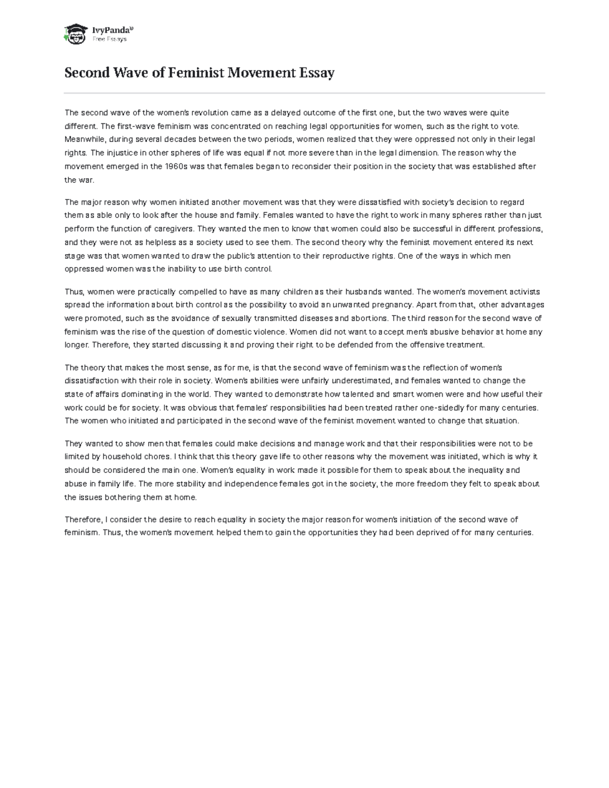 Second Wave of Feminist Movement - 547 Words Essay Example - Second ...