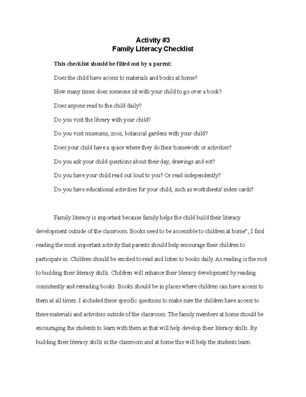 Activity #33 - GGG - Activity Family Literacy Checklist This checklist ...