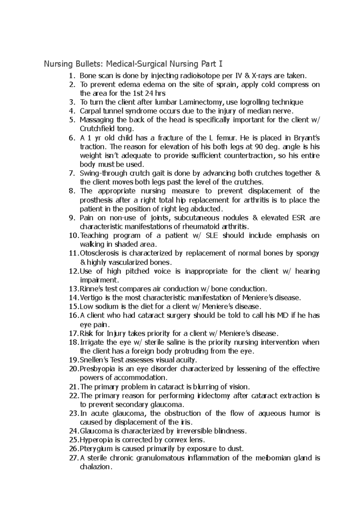 Medsurg Bullets - Nursing Bullets: Medical-Surgical Nursing Part I Bone ...