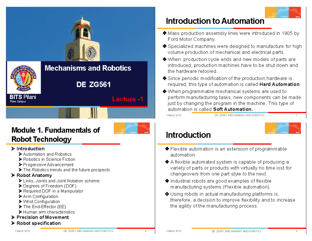 Mechanism and Robotics - Introduction to Automation Mass production ...