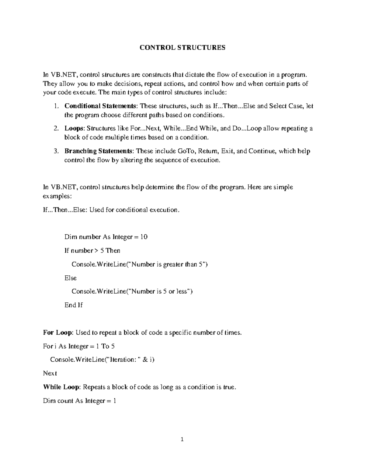 Control Structures Control Structures In Vb Control Structures Are Constructs That Dictate
