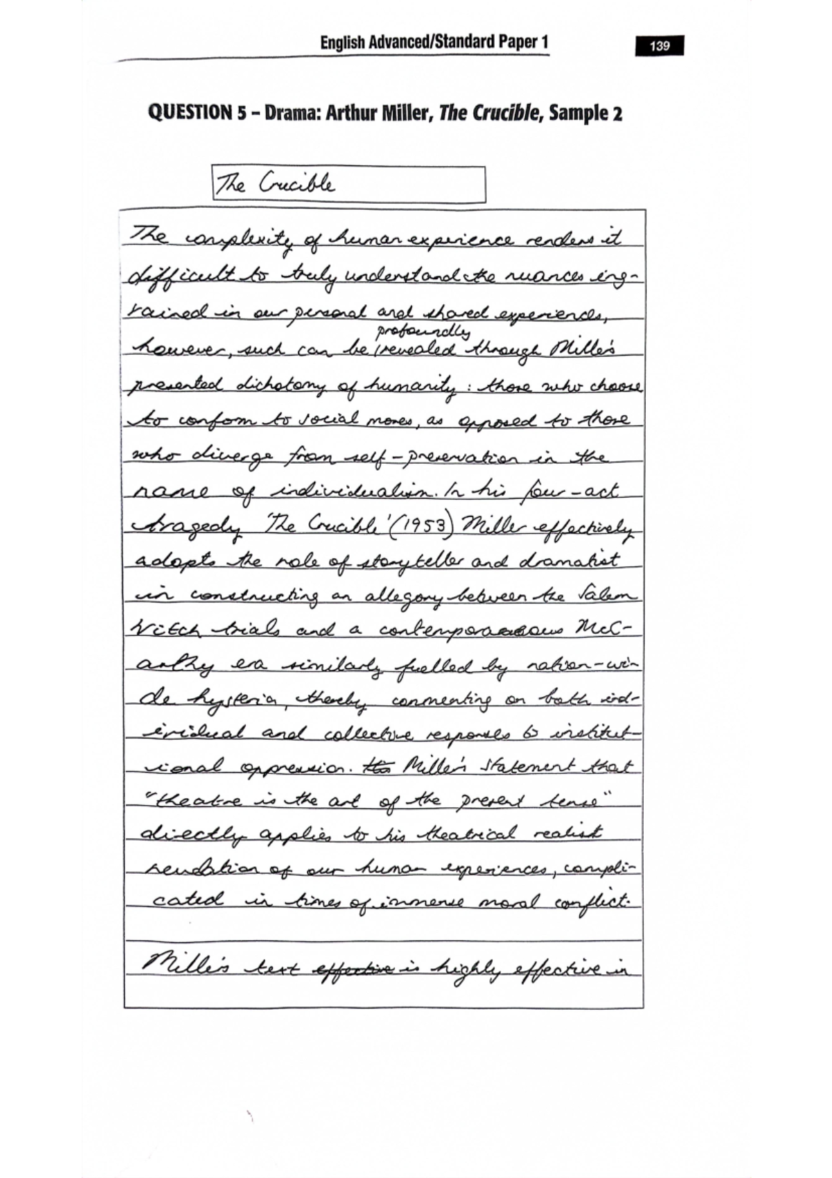The crucible sample 2 - English Paper 1 139 QUESTION 5 Drama: Arthur ...