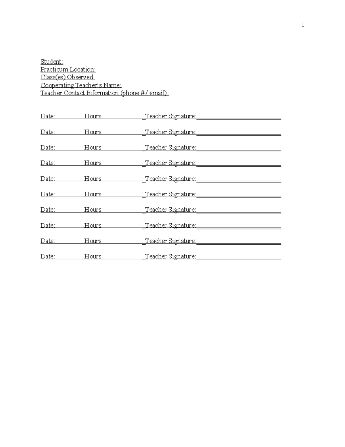 Field Experience Guidelines and Forms - Student: Practicum Location ...