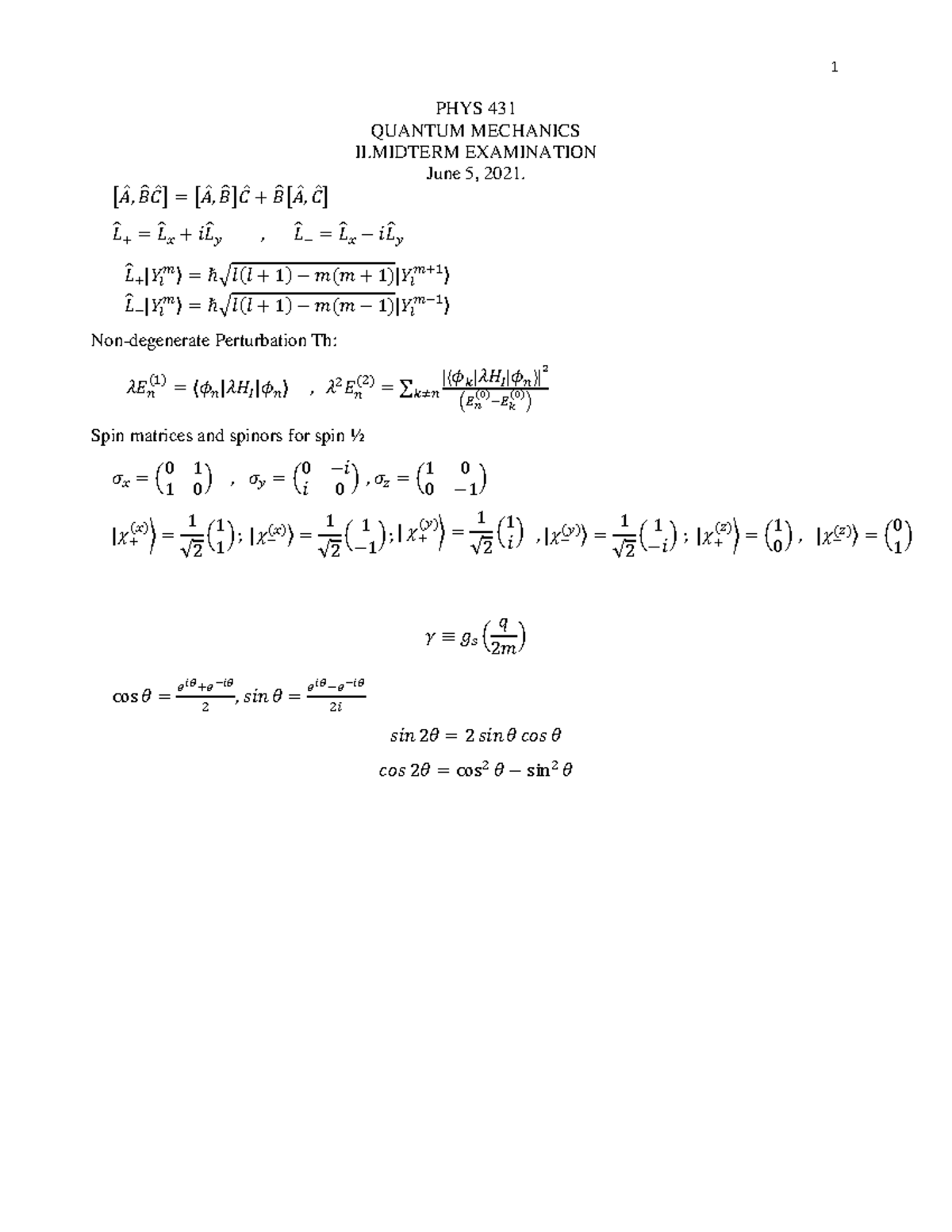 M2 Solutions - Phys443 exam 2 - PHYS 431 QUANTUM MECHANICS II ...