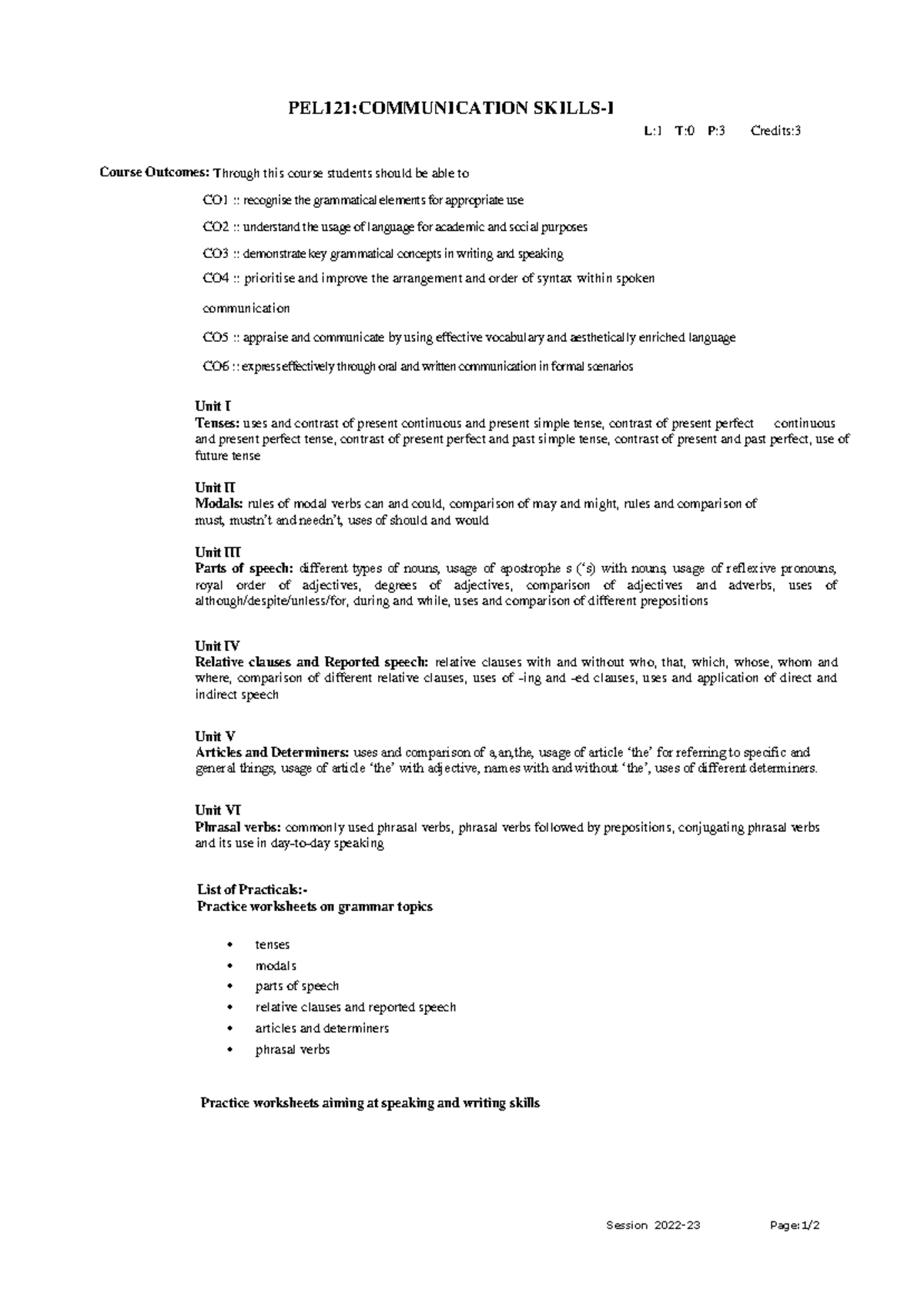 PEL121 Syllabus U - Session 2022 - 23 Page: 1 / PEL121:COMMUNICATION ...
