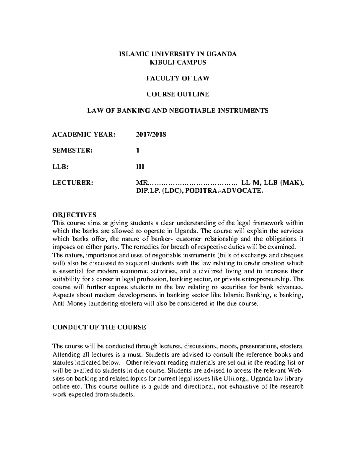 Banking Law notes LLB III - ISLAMIC UNIVERSITY IN UGANDA KIBULI CAMPUS ...
